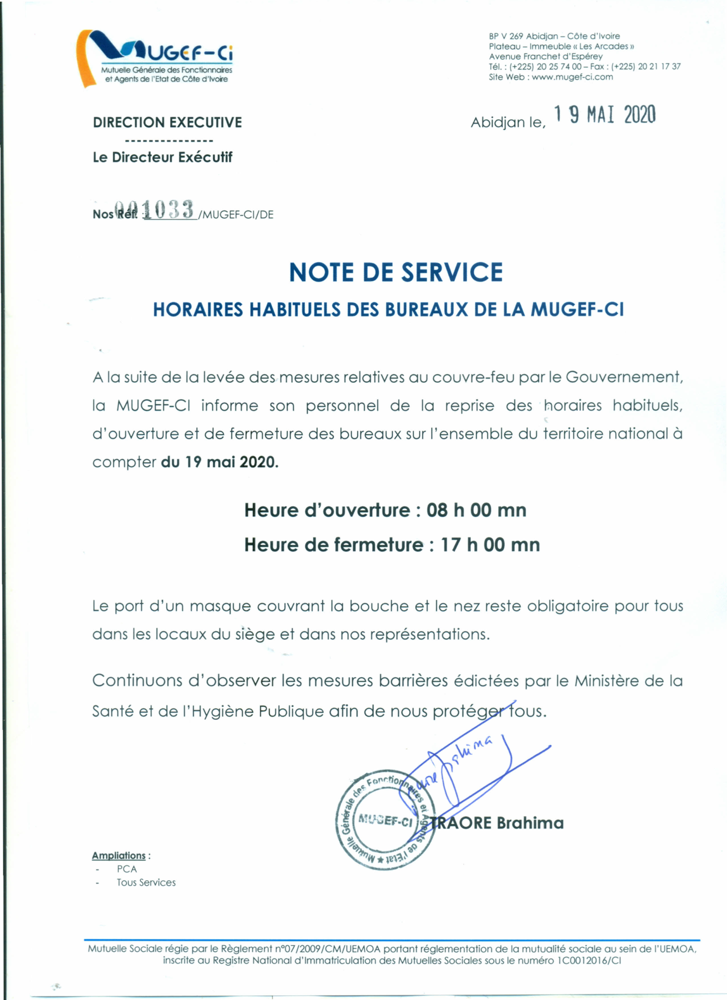 NOTE DE SERVICE : Horaires habituels des bureaux de la MUGEF-CI - MUGEF-CI