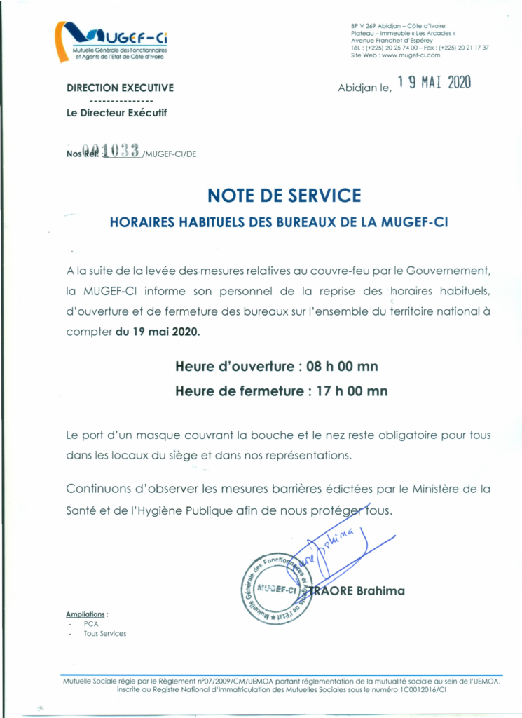 NOTE DE SERVICE : Horaires habituels des bureaux de la MUGEF-CI - MUGEF-CI